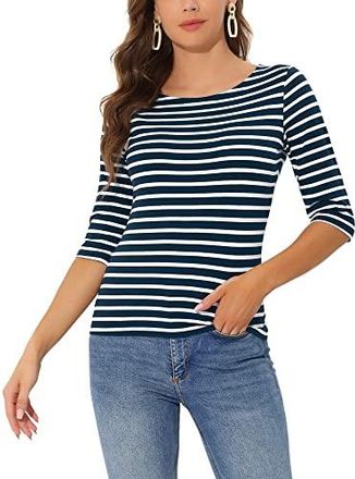 Allegra K T-Shirt À Rayures Coupe Ajustée À Manches 3/4 de Noël pour Femmes Bleu Foncé L