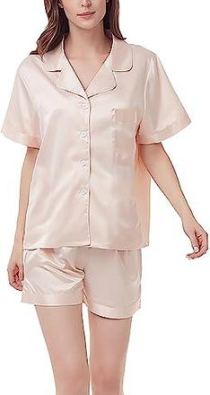 Generic Ensemble de pyjama en satin soyeux &agrave; manches courtes pour femme - V&ecirc;tements de nuit en satin pour femmes - Ensembles de v&ecirc;tements de d&eacute;tente petite et