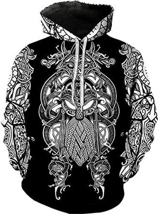 Keephen Sweats &agrave; Capuche Viking Odin Celtic Wolf pour Hommes r&eacute;tro mythologie Nordique Viking Thors Hammer Printing Sweats &agrave; Capuche avec Poche
