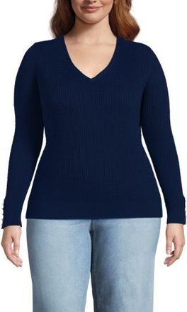 Lands End Feinstrick-Zopfmusterpullover mit V-Ausschnitt, Damen, Gr&ouml;&szlig;e:52-54 plus, Blau, Baumwolle, by Lands End