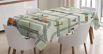 Ambesonne Eisenbahn-Tischdecke, Kinderzimmer-Stil, Anordnung von Stra&szlig;en und Z&uuml;gen, Lokomotiven, Cartoon-Muster, rechteckige Tischdecke f&uuml;r Esszimmer, K&uuml;chendek