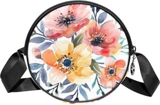Generic Sac &agrave; bandouli&egrave;re rond pour femme, motif fleurs aquarelles, petit sac &agrave; dos &agrave; bandouli&egrave;re avec fermeture &eacute;clair, bretelles r&eacute;glables, sac &agrave; main rond 