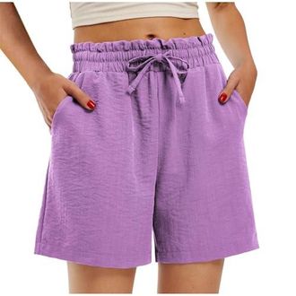 Generic Short en lin pour femme - Taille haute &eacute;lastique - D&eacute;contract&eacute; avec poches - Pantalon de d&eacute;tente pour femme, violet, XXL