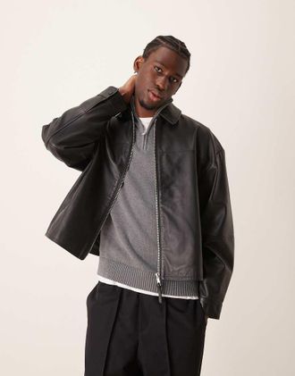 Asos Hochwertige Harrington-Jacke mit kurzem Schnitt aus echtem Leder in Schwarz