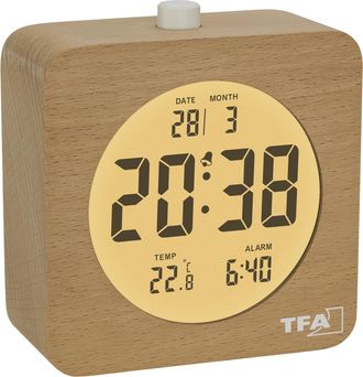 TFA Dostmann Wecker Holz digital mit Innentemperaturanzeige, 60.2049, aus Buchenholz, mit Hintergrundbeleuchtung, LCD Display, batteriebetrieben, Datumsanzeige, br