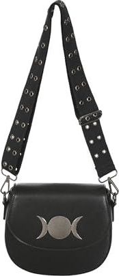 Banned Alternative Eternal Dusk Sac bandouli&egrave;re gothique pour femme Motif demi-lune triple d&eacute;esse Style Occult Witchy avec large sangle &agrave; oeillets