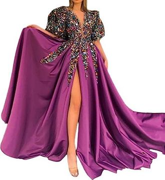 Generic Robe De Noir et Hiver Femmes Sexy Paillettes col en V Robe de Banquet Sac Robe de Hanche Robe Rose en Dentelle (Purple, M)