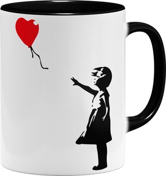 OM3 Banksy Kaffee-Tasse mit Balloon Girl - Street Art Graffiti Stencil - Keramik Becher - 325ml - Beidseitig Bedruckt - Schwarz