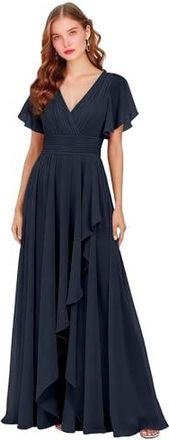 Generic Robe de demoiselle dhonneur en mousseline de soie &agrave; col en V pour femme, robe de soir&eacute;e formelle &agrave; manches flottantes avec fente, bleu marine, 46 Gran