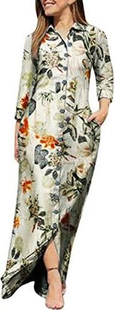 Generic Robes boh&egrave;me 2026 pour femmes, manches longues, d&eacute;contract&eacute;es, col boutonn&eacute;, robe ample en V pour femmes, jaune, XXL