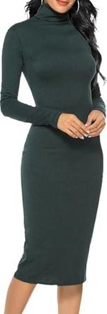 Generic Robe Pull à col roulé en Tricot côtelé pour Femme, décontractée, Moulante, Coupe Slim, Extensible, Manches Longues, mi-Longue