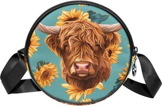 Generic Sac &agrave; bandouli&egrave;re rond pour femme, motif vache et tournesol avec fermeture &eacute;clair et bretelles r&eacute;glables