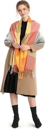 Miss Lulu Damen Schal Winter, weich warm kariert Oversized, Schottenkaro Wolle, lange gedrehte Fransen Stola, Deckenschal f&uuml;r Damen (Mandarinengelb)