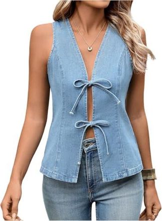 Generic Debardeur Femme Chic et &eacute;l&eacute;gant Jean Chemisier sans Manche Button D&eacute;bardeur Col V Top Ete Haut Chic et Elegant Fluide Ample Caraco Vetement Femme Tee 