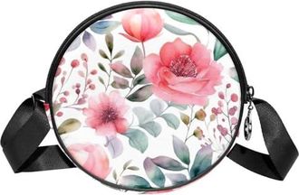 Generic Petit sac &agrave; bandouli&egrave;re circulaire pour femme, motif feuilles florales, sac &agrave; dos avec fermeture &eacute;clair, bretelles r&eacute;glables, sac &agrave; main rond d&eacute;contra
