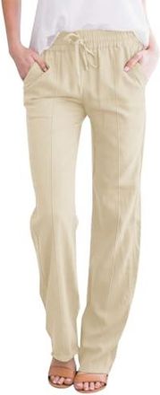 Generic Pantalon en lin pour femme - Jambe large avec poches - Taille haute - Taille &eacute;lastique - D&eacute;contract&eacute; - Pantalon d&eacute;t&eacute; ample - Pantalon de yoga long et 