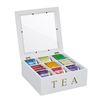 Relaxdays Boite à thé, 9 Compartiments, Bambou et Acrylique, fenêtre Transparente, HLP 9 x 23,5 x 23,5 cm, Blanc & doré