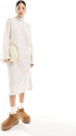 Selected Femme - Hochgeschlossenes Maxi-Strickkleid in Cremeweiß