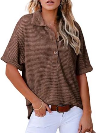 Generic Tunique Henley &agrave; manches courtes en tricot gaufr&eacute; pour femme, chemisiers d&eacute;t&eacute; en tricot gaufr&eacute; avec poche, caf&eacute;, XXL