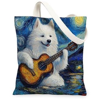 Generic Samoy&egrave;de Sac fourre-tout en toile pour faire du shopping 33 x 38,1 cm, motif guitare &eacute;toil&eacute;e, sac d&eacute;picerie r&eacute;utilisable, sac &agrave; bandouli&egrave;re pour femme