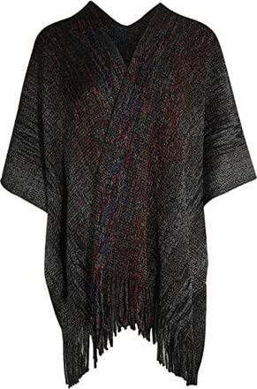ZLYC Femmes Hiver Ouvert Cape Chaud Poncho Garniture à Franges(Space Dyeing Noir),Taille Unique