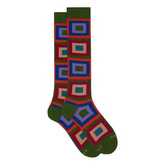 Gallo Gallo, Homme, Sous-vêtements, Multicolore, Taille: M Chaussettes longues en coton vert pour hommes avec motif de carrés concentriques