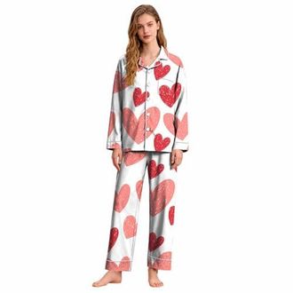 Generic Ensemble de pyjama 2 pi&egrave;ces en satin de soie pour femme - Imprim&eacute; coeur - Chemise &agrave; manches longues et pantalon - V&ecirc;tement de d&eacute;tente ample et confort