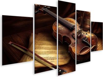 Islandburner Bild auf Leinwand Geige mit Noten und alter Uhr auf Holztisch f&uuml;r Wohnzimmer Musikliebhaber Musikgesch&auml;ft Bilder Wandbilder Poster