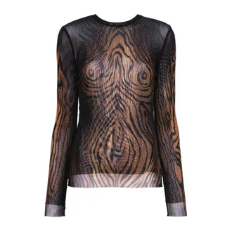 Jean Paul Gaultier Bedrucktes Holz Mesh Langarm Top - - Tops - Damen - Mehrfarbig - S