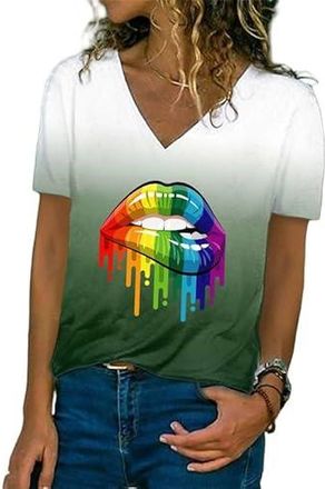 Keephen T-Shirt imprimé en 3D à Manches Courtes pour Femmes, col en V, Mode LGBT, Pull décontracté, Blouses