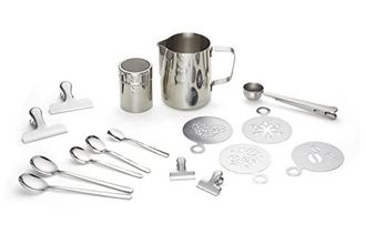 Echtwerk Ensemble dAccessoires &agrave; Caf&eacute;, 23 Pi&egrave;ces - 600 ml, 4 Expresso, 4 Cappuccino, 4 Lattes, Pinces, Pochoirs, Cuill&egrave;res - Style Barista Argent