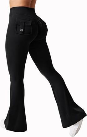 Generic Legging évasé avec Poches pour Femme, Legging Cargo froncé à Taille en V, Contrôle du Ventre, Coupe Bootcut, Pantalon de entraînement, Gym, Yoga, déco