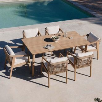 Sklum Rechteckiger Gartentisch-Set 180x90 cm mit 6 St&uuml;hlen aus Akazienholz und geflochtener Schnur Kaela Helles Akazienbraun
