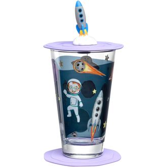 Leonardo Bambini Avventura Kinderglas mit Deckel und Untersetzer - Trinkglas mit Motiv aus hochwertigem Glas - Gr&ouml;&szlig;e L, Inhalt 300 ml - 3-teiliges Trinkset mit