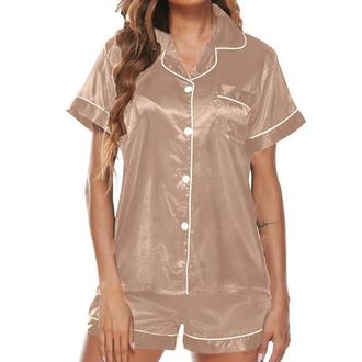 Generic Pyjama en satin pour femme à manches courtes avec boutonnière col en V 2 pièces vêtements de nuit élégants 2 pièces vêtements dintérieur pyjamas doux 