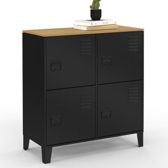 IDMarket Beistellschrank 70 cm Ester 4 Türen aus Metall schwarz Holzplatte Industriedesign