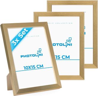 Photolini Bilderrahmen 10x15 Gold MDF-Holz, 3er Set Poster-Rahmen, bruchsicheres Acrylglas, zum Aufhängen & Aufstellen, extra Zubehör - für Fotos & Poster