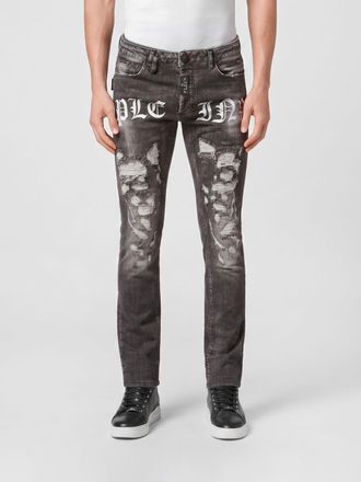 Philipp Plein Jean skinny en denim d&eacute;lav&eacute; avec imprim&eacute; logo int&eacute;gral