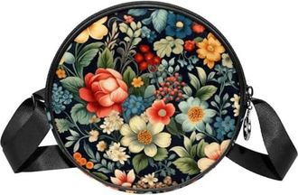 Generic Petit sac &agrave; bandouli&egrave;re rond pour femme, sac &agrave; bandouli&egrave;re avec fermeture &eacute;clair et bretelles r&eacute;glables, style d&eacute;contract&eacute;, motif floral color&eacute;