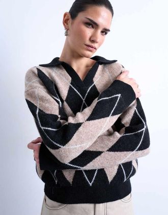 Topshop Gestricktes Polohemd mit Rautenmuster in Neutral