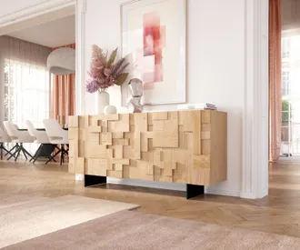 DELIFE Sideboard Puzzle 175 cm Eiche Natur 3 T&uuml;ren Fu&szlig; schwebend Metall Schwarz, Sideboards