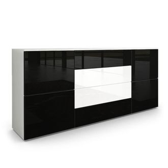 Vladon Sideboard Rova, Made in Germany, Kommode mit 4 T&uuml;ren und 4 Schubladen, Wei&szlig; matt/Schwarz Hochglanz/Wei&szlig; Hochglanz (166 x 72 x 35 cm)