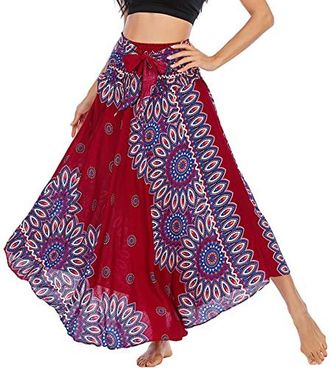 Feoya Jupe Longue Bohême Femme Jupe Gitane Fluide Hippie Taille Haute Élastique Jupes Indienne Maxi Robe Imprimé de Plage Vacances Robes Licou Dos Nu Sexy 2
