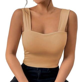 Generic D&eacute;bardeur Femme sans Manches- Caraco Sexy Col Carr&eacute; Crop Tank Tops Camisole Bretelles Larges Moulants Coupe Ajust&eacute;e Slim Fit Haut D&eacute;t&eacute; Couleur Unie D&eacute;