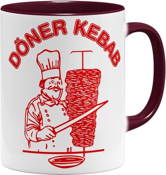 OM3 D&ouml;ner Kebab Kaffee-Tasse Kult Logo D&ouml;nermann Drehspie&szlig; - Keramik Becher - 325ml - Beidseitig Bedruckt - Bordeaux