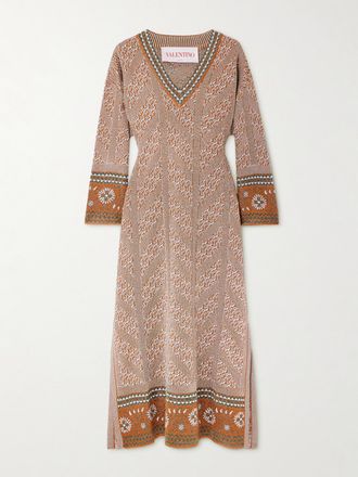 Valentino Garavani Robe Midi En Mailles Intarsia M&eacute;tallis&eacute;es - Marron