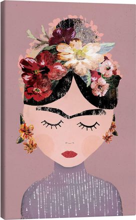 Posterlounge Frida mit Blumenkranz, pastellrosa Leinwandbild von treechild 70 x 100 cm Rosé Wandbilder Wanddeko