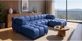 Fun M&ouml;bel Sofa Designersofa FLOW 3-Sitzer inkl. 2 x Polsterhocker Stoff Bluvel Blau