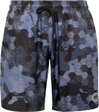 Philipp Plein Badeshorts mit Monogrammmuster - Blau