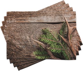 Abakuhaus Geweih Platzmatten, Evergreen Zweig Deer, für die Küche das Esszimmer Waschbarer Stoff mit Digitaldruck, Farngrün Umbrabraun